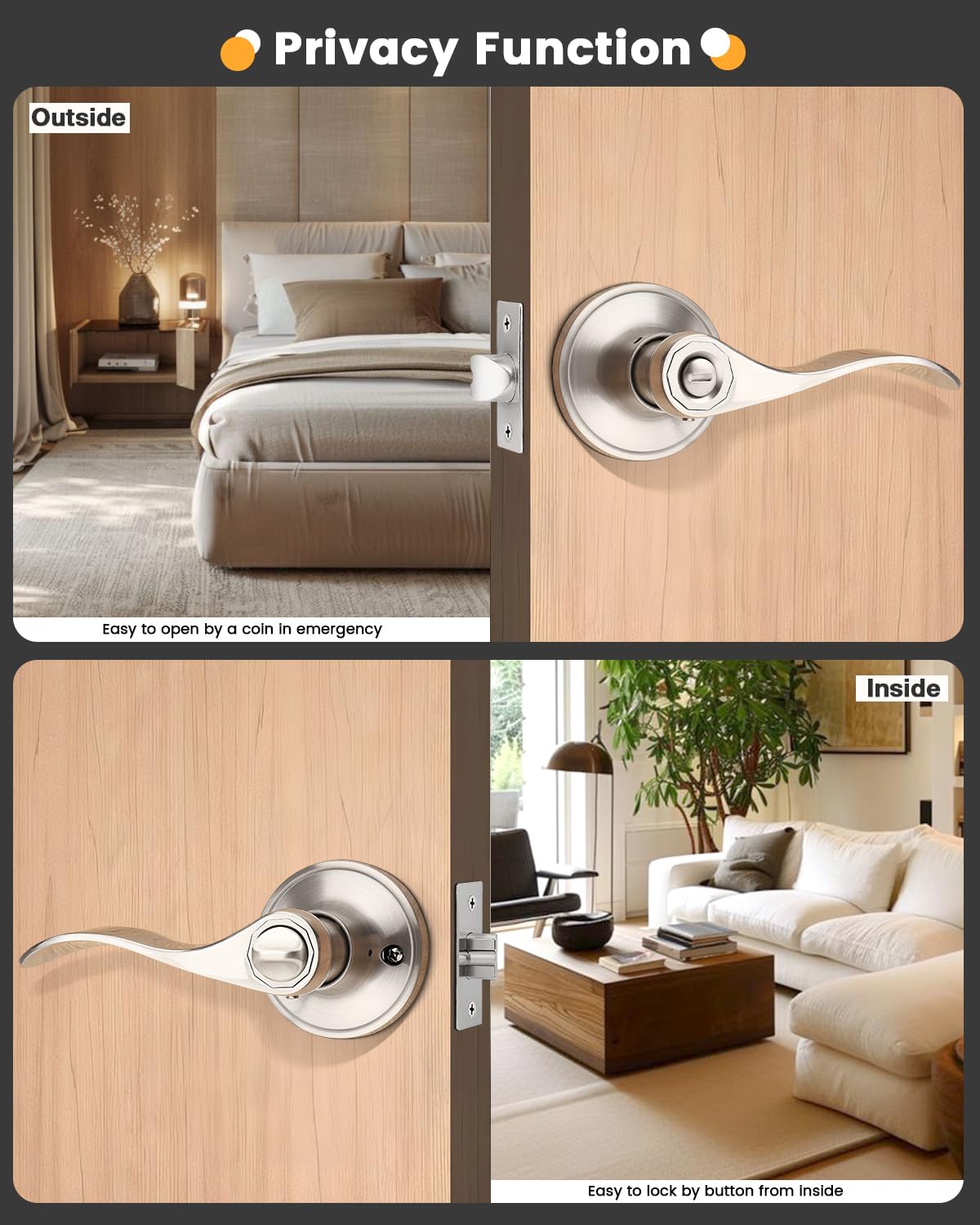 Gobrico 10 Pack Privacy Keyless Door Handles in Satin Nickel, Interior Bath and Bed Door Lever, Drop Style Heavy Duty Brushed Nickel Door Knobs