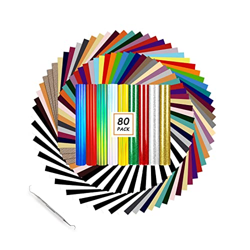 HTVRONT HTV Heat Transfer Vinyl Bundle: 80 Pack 12" x 10" Iron on Vinyl for T-Shirt, 39 Assorted Colors with Vinyl Accessories Tweezers for Cricut, Silhouette Cameo or Heat Press Machine