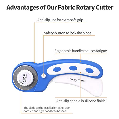 Rotary Cutter Set, 42Pcs Self Healing Cutting Mat Kit - 45mm Rotary Fabric Cutter with 5 Extra Cutter Blades, A4 Cutting Mat, 20 Craft Clips, 15 Non-Slip Grips, Sewing Supplies for Crafting Sewing