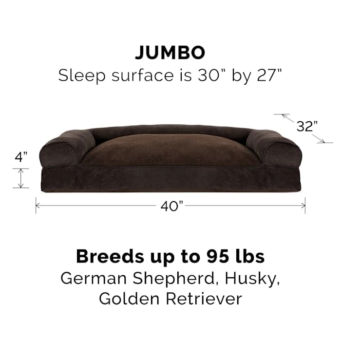 Furhaven Pillow Dog Bed for Large Dogs w/ Removable Bolsters & Washable Cover - Sherpa & Chenille Sofa - Coffee, Jumbo/XL