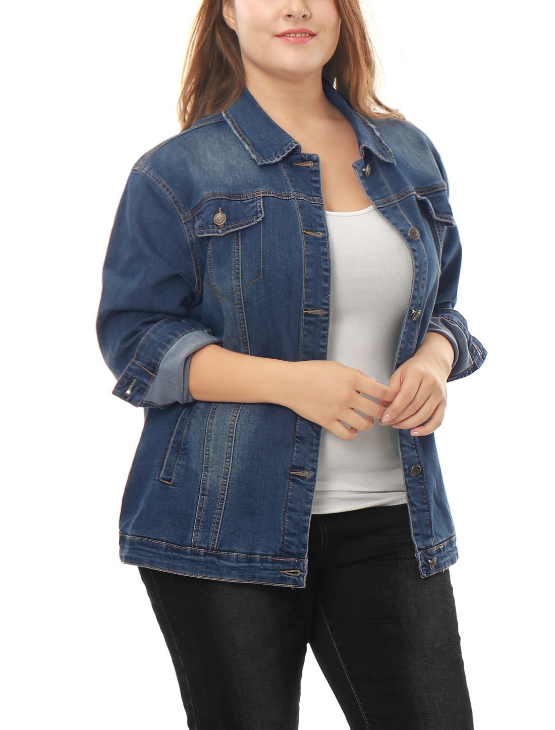 uxcell Women's Plus Size Jean Jacket Stitching Button Front Washed Denim Jacket 3X Blue
