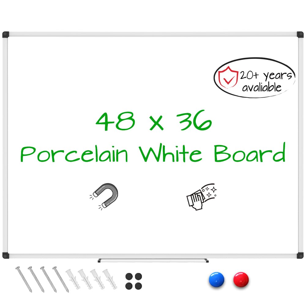 XBoard Porcelain Magnetic Dry Erase Board 48 x 36 Inch, Porcelain Whiteboard with Aluminium Frame & Marker Tray 4' x 3' | Wall Mounted Magnetic White Board for Home School Office
