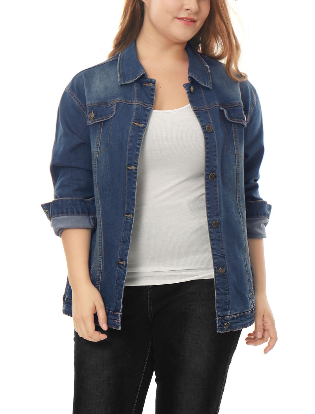 uxcell Women's Plus Size Jean Jacket Stitching Button Front Washed Denim Jacket 3X Blue
