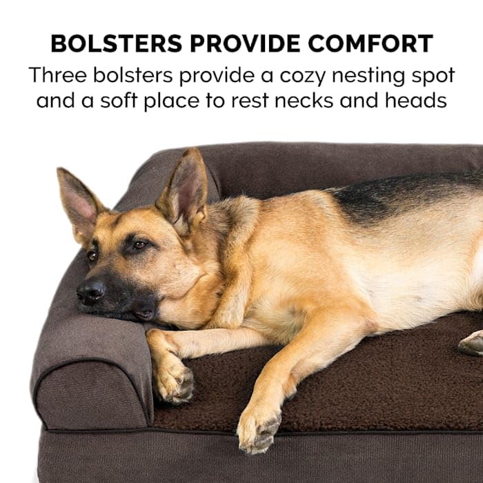 Furhaven Pillow Dog Bed for Large Dogs w/ Removable Bolsters & Washable Cover - Sherpa & Chenille Sofa - Coffee, Jumbo/XL