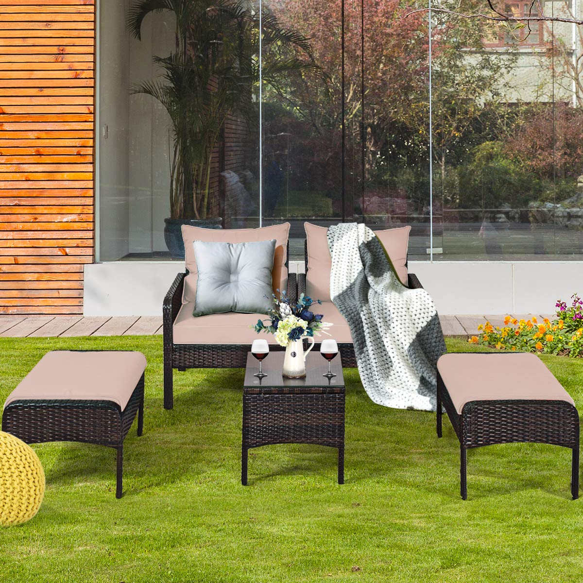 Tangkula Wicker Furniture Set 5 Pieces PE Wicker Rattan Outdoor All Weather Cushioned Sofas and Ottoman Set Lawn Pool Balcony Conversation Set Chat Set