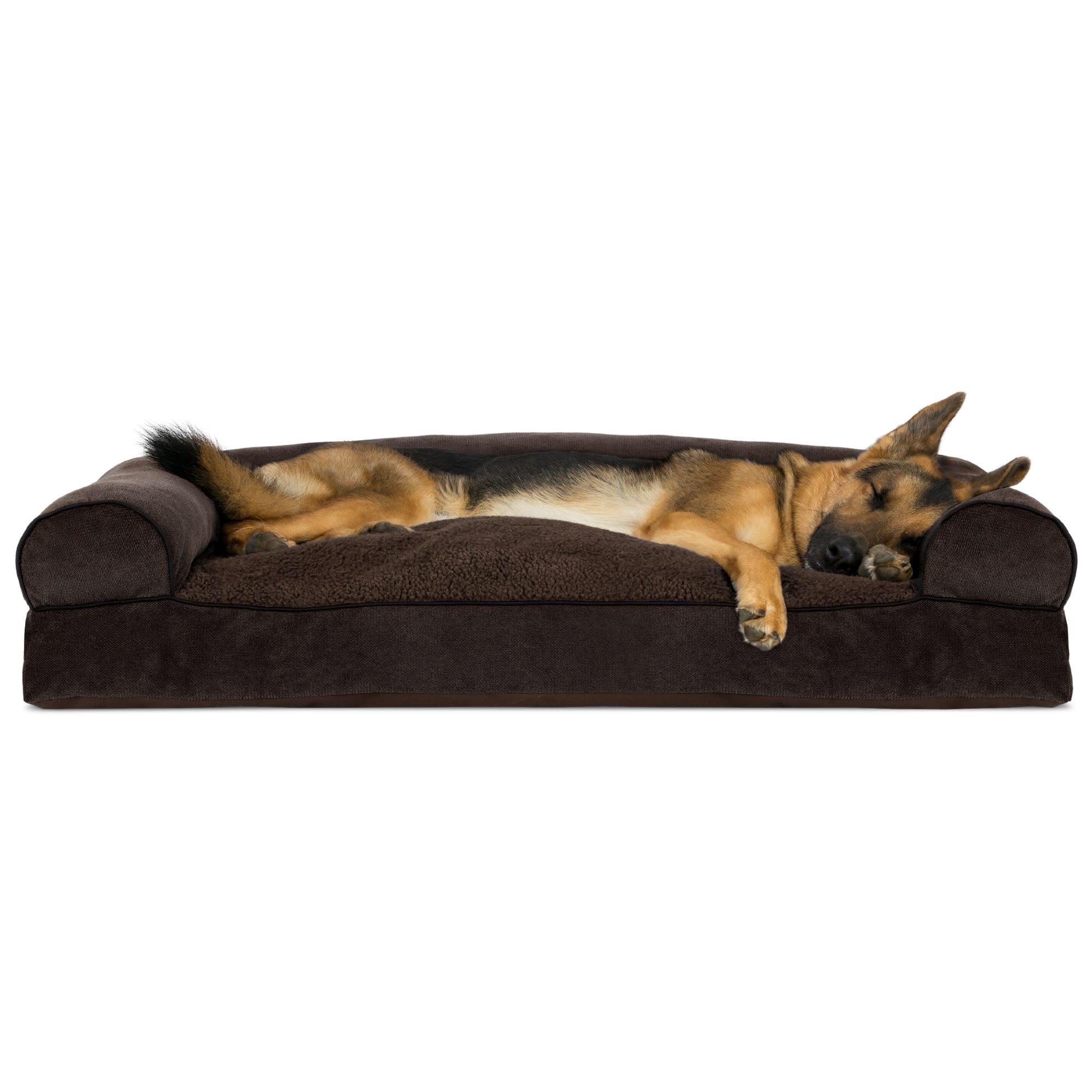 Furhaven Pillow Dog Bed for Large Dogs w/ Removable Bolsters & Washable Cover - Sherpa & Chenille Sofa - Coffee, Jumbo/XL