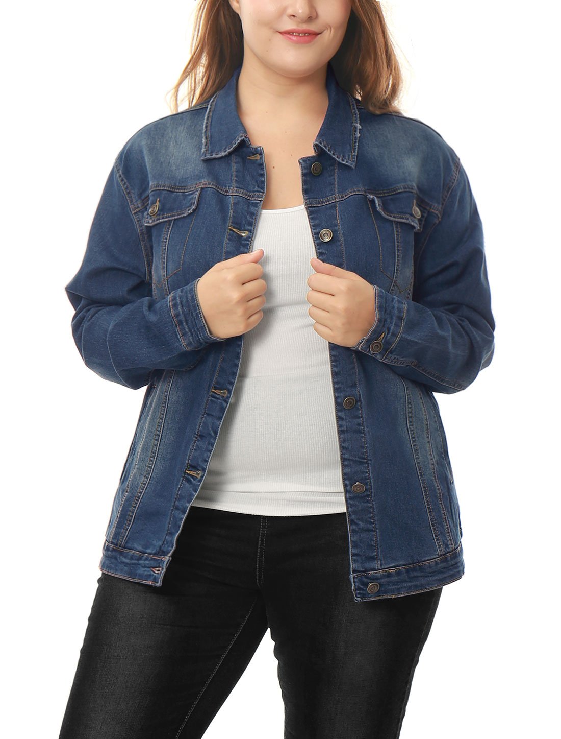 uxcell Women's Plus Size Jean Jacket Stitching Button Front Washed Denim Jacket 3X Blue