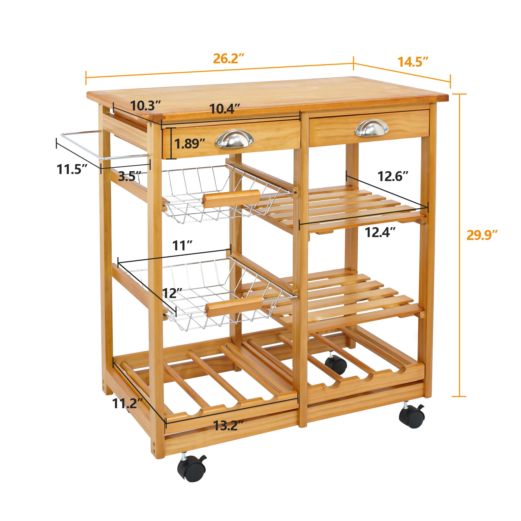 Nova Microdermabrasion Kitchen Island Cart with Storage, Rolling Side Table on Wheels with 2 Drawers, 3 Shelves, Lockable Casters for Dining Room, Bar