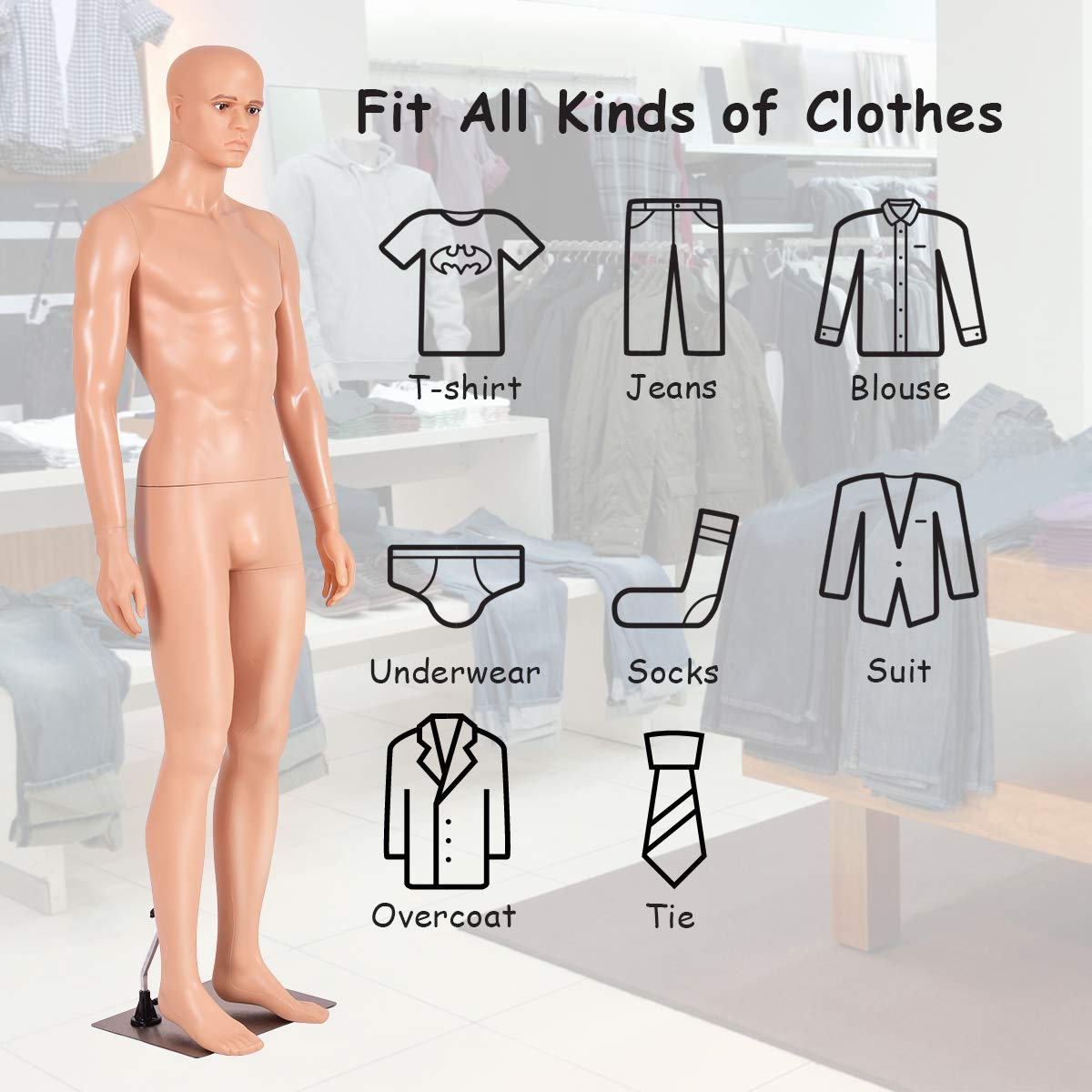 Giantex 6 Ft Male Mannequin, Adjustable Dress Mannequin Full Body w/Separated Fingers, Stable Iron Base, Realistic Mannequin for Cosplay