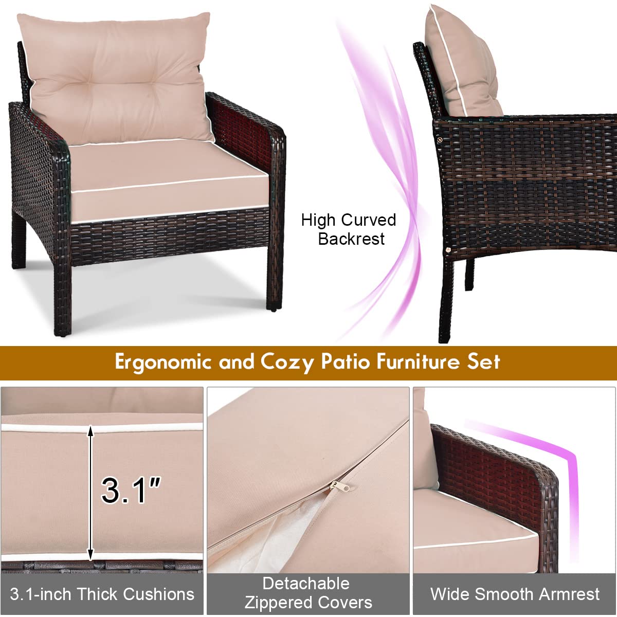 Tangkula Wicker Furniture Set 5 Pieces PE Wicker Rattan Outdoor All Weather Cushioned Sofas and Ottoman Set Lawn Pool Balcony Conversation Set Chat Set