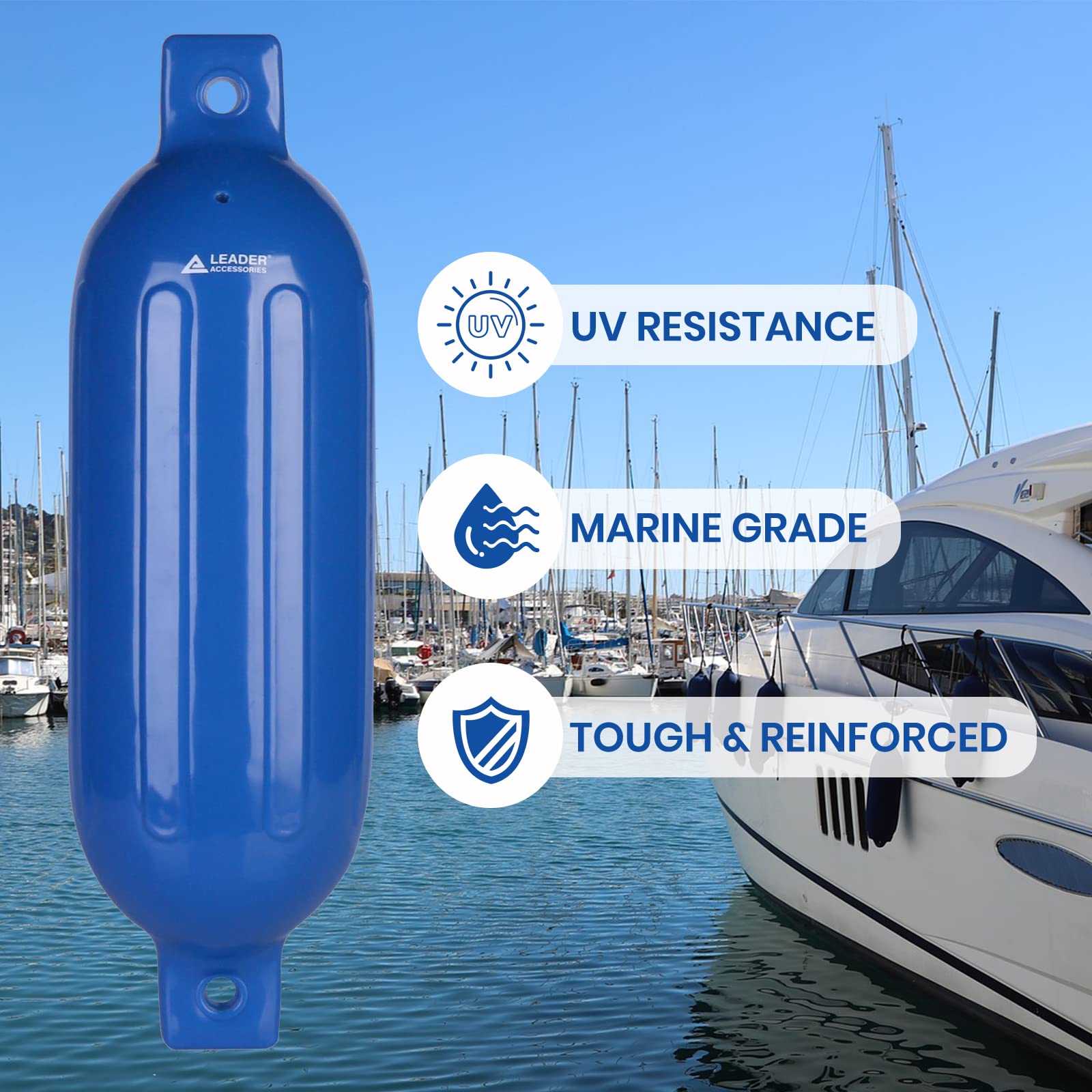 Leader Accessories Ribbed Twin Eyes Blue 4.5''x16'' Boat Fender Pack of 4 Includes 3/8'' Fender Lines Pack of 4 and Pump to Inflate