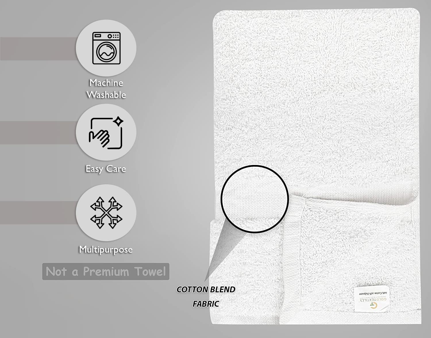 GOLD TEXTILES 60 Pack Economy White Bath Towels Bulk (22x44 Inches) Cotton Blend Multi-Purpose Hotel Towel for Commercial and Home Use – Lightweight, Easy Care & Quick Drying Towels