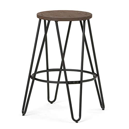 SIMPLIHOME Simeon 24 inch Counter Height Stool, Cocoa Brown and Black Metal and Elm Wood, Round, Backless, for the Kitchen and Dining Room, Industrial
