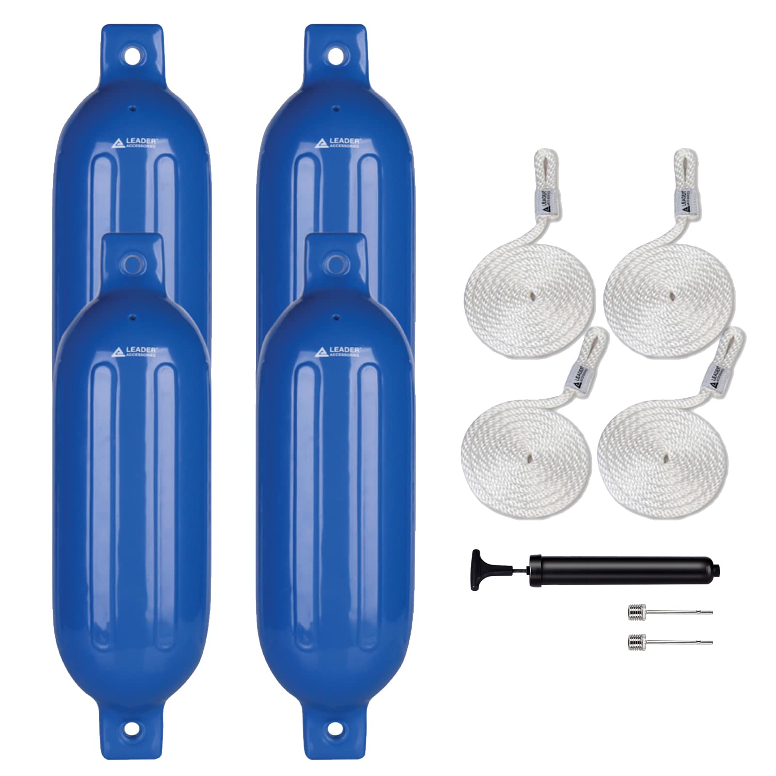 Leader Accessories Ribbed Twin Eyes Blue 4.5''x16'' Boat Fender Pack of 4 Includes 3/8'' Fender Lines Pack of 4 and Pump to Inflate
