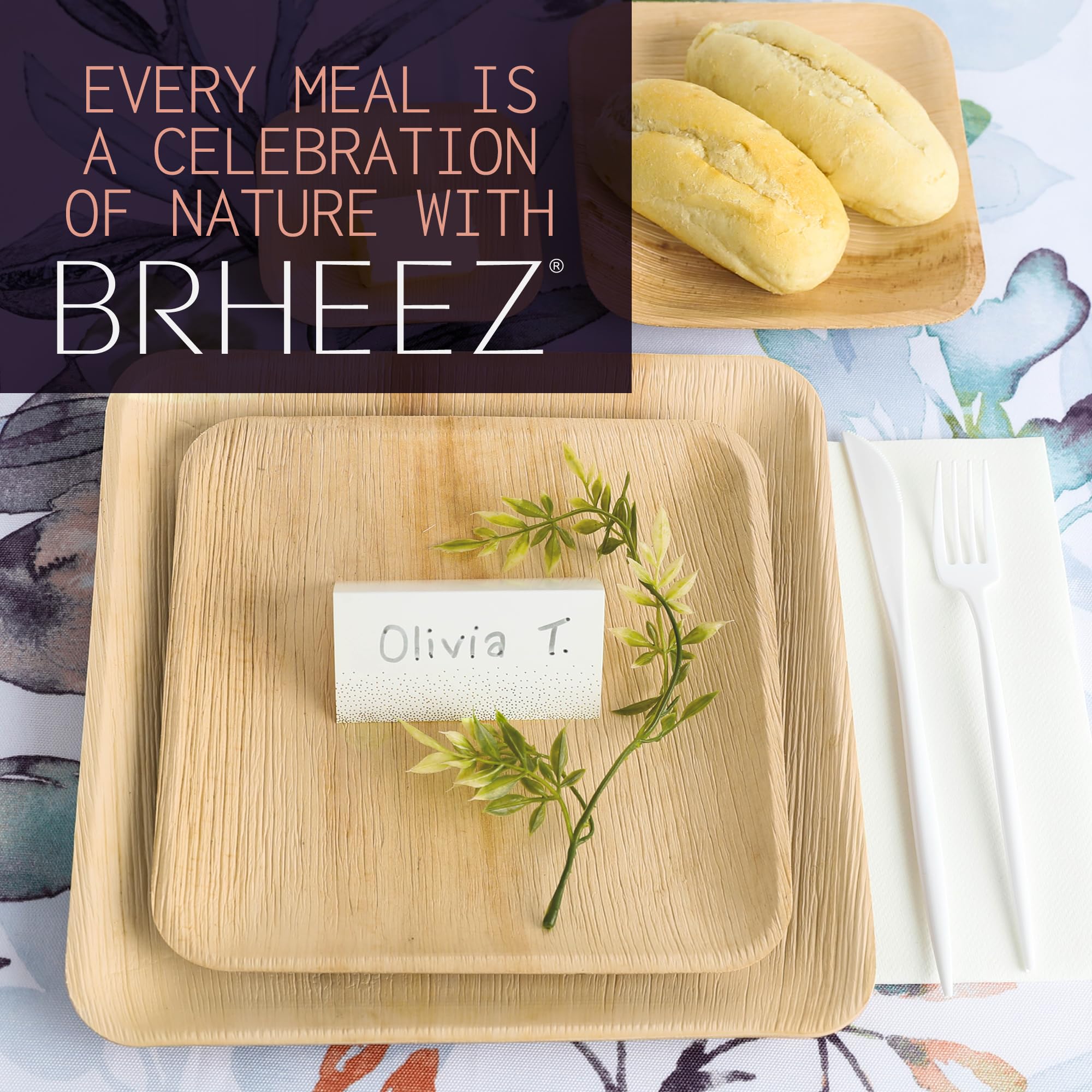brheez Bamboo Plates made from Palm Leaf 25 Party Plates 10 Inch Eco Friendly Compostable & Biodegradable – Disposable Plates Heavy Duty and More Environmentally Friendly than Paper Plates
