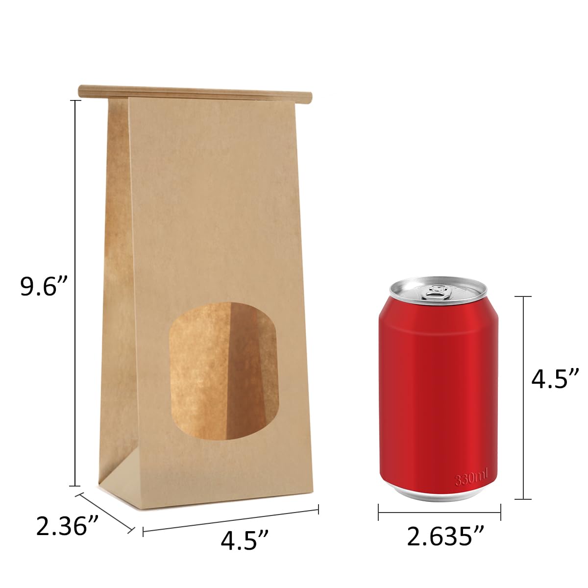 BagDream Bakery Bags with Window 50Pcs 4.5x2.36x9.6 Inches Kraft Brown Paper Bags with Window, Tin Tie Tab Lock, for Bakery, Cookie, Coffee Bean, Party Favor, Snack