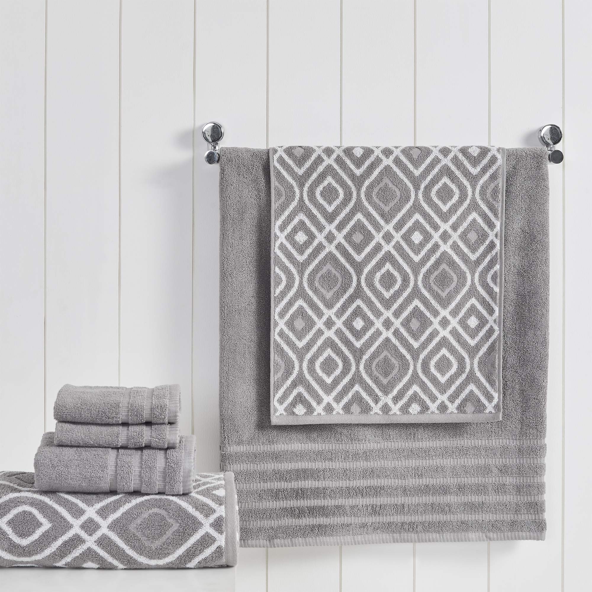 Modern Threads Amrapur Overseas 6-Piece Yarn Dyed Oxford Stripe Jacquard/Solid Ultra Soft 500GSM 100% Combed Cotton Towel Set [Ash Grey]