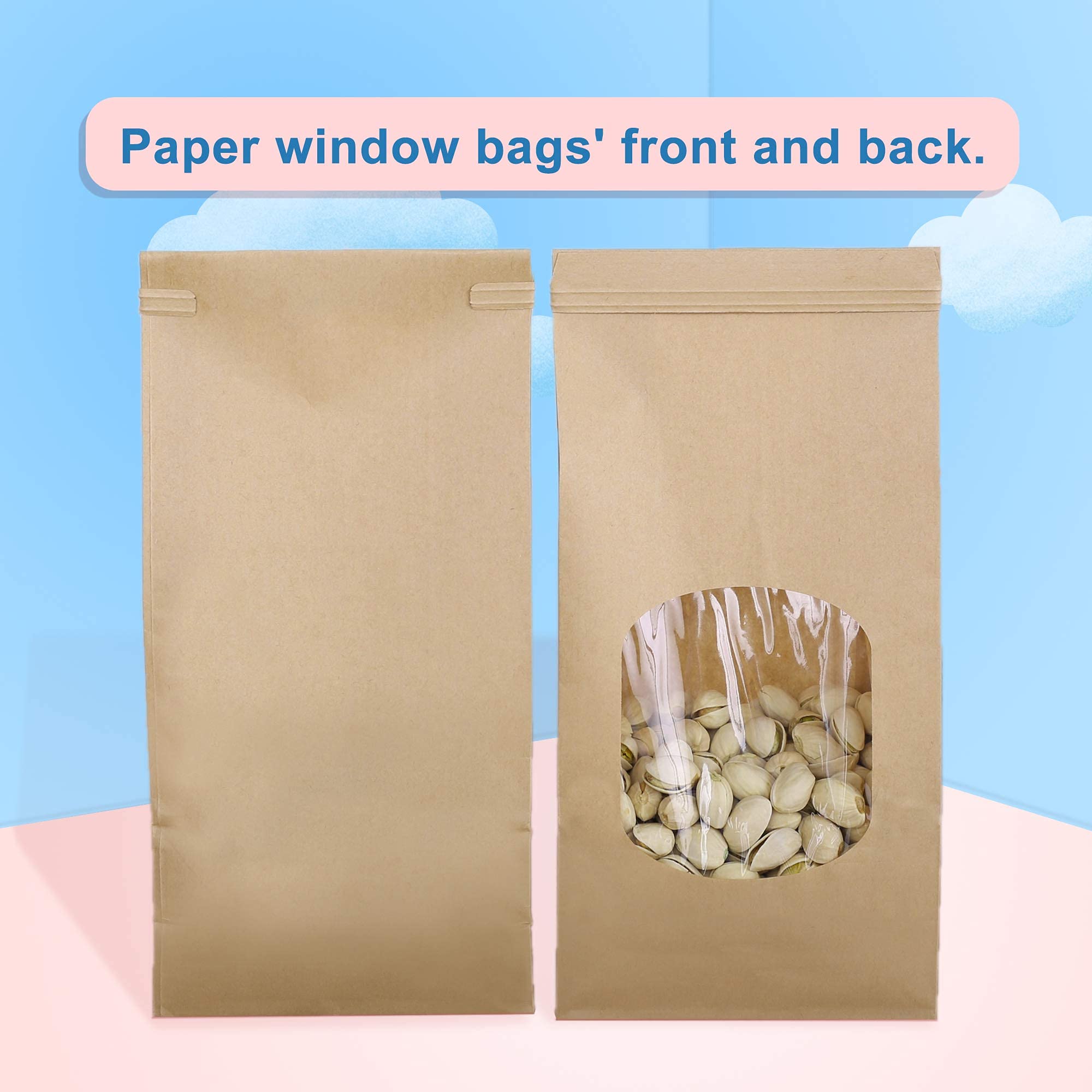 BagDream Bakery Bags with Window 50Pcs 4.5x2.36x9.6 Inches Kraft Brown Paper Bags with Window, Tin Tie Tab Lock, for Bakery, Cookie, Coffee Bean, Party Favor, Snack