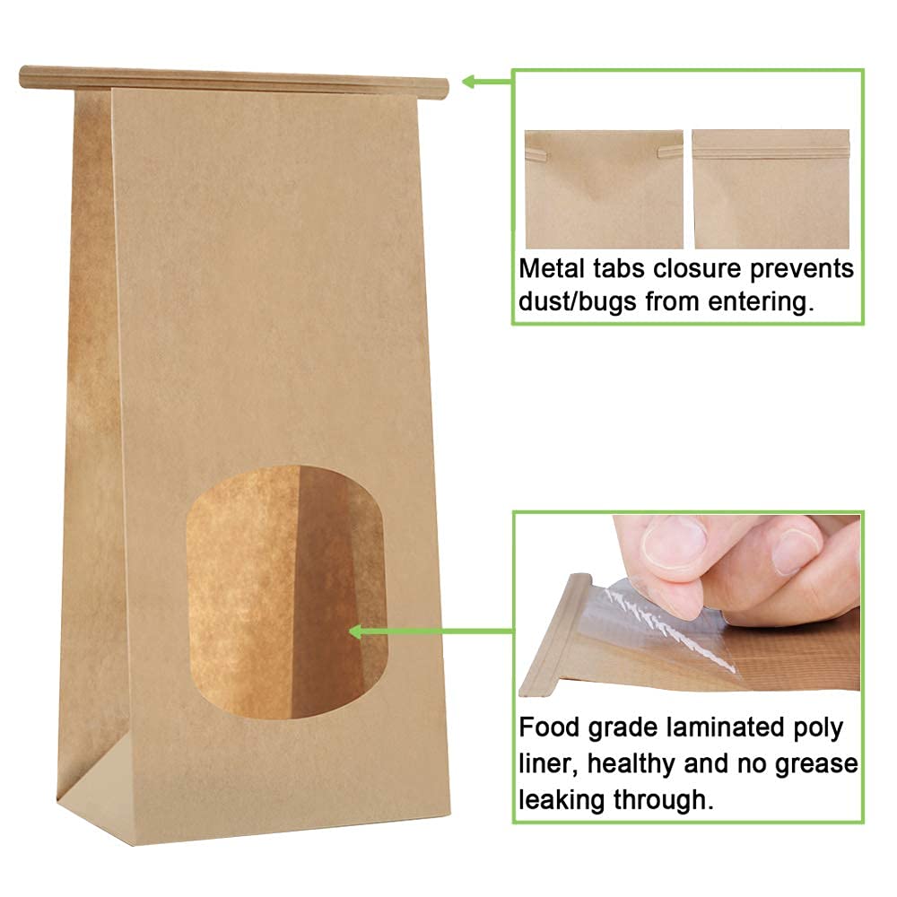 BagDream Bakery Bags with Window 50Pcs 4.5x2.36x9.6 Inches Kraft Brown Paper Bags with Window, Tin Tie Tab Lock, for Bakery, Cookie, Coffee Bean, Party Favor, Snack
