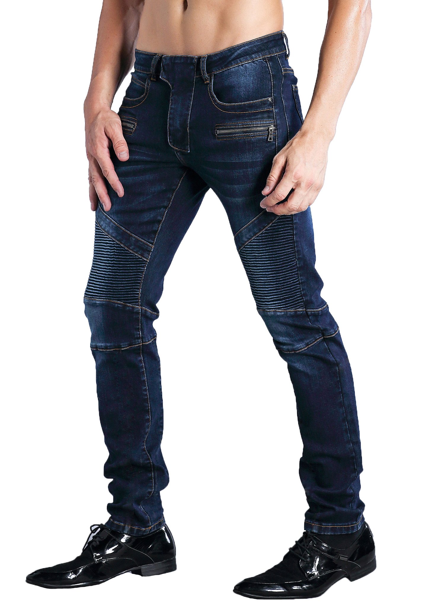 ZLZ Blue Biker Jeans for Men Slim Fit, Men's Comfy Stretch Ripped Distressed Biker Jeans Pants Rock, Designer Jeans, Size 34