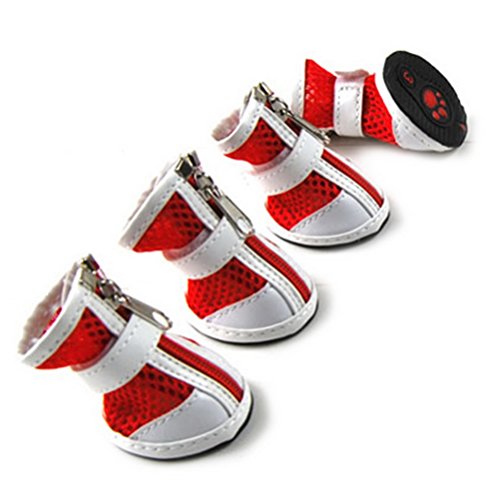 ZUNEA Small Dog Shoes for Hot Pavement Summer Breathable Mesh Boots Adjustable Non Slip Zipper Pet Dogs Booties White PU Paw Protector Red 4#
