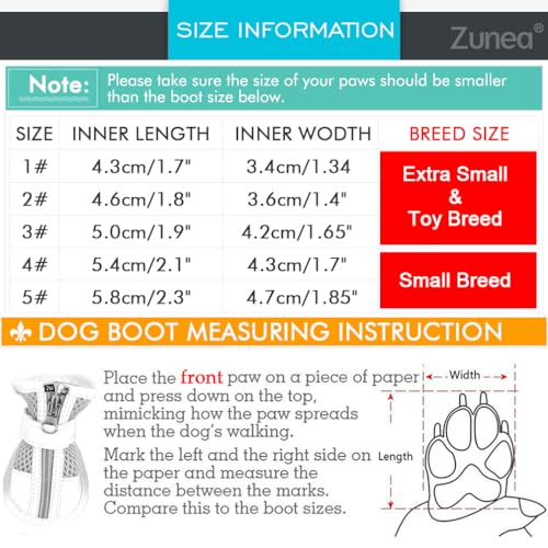 ZUNEA Small Dog Shoes for Hot Pavement Summer Breathable Mesh Boots Adjustable Non Slip Zipper Pet Dogs Booties White PU Paw Protector Red 4#