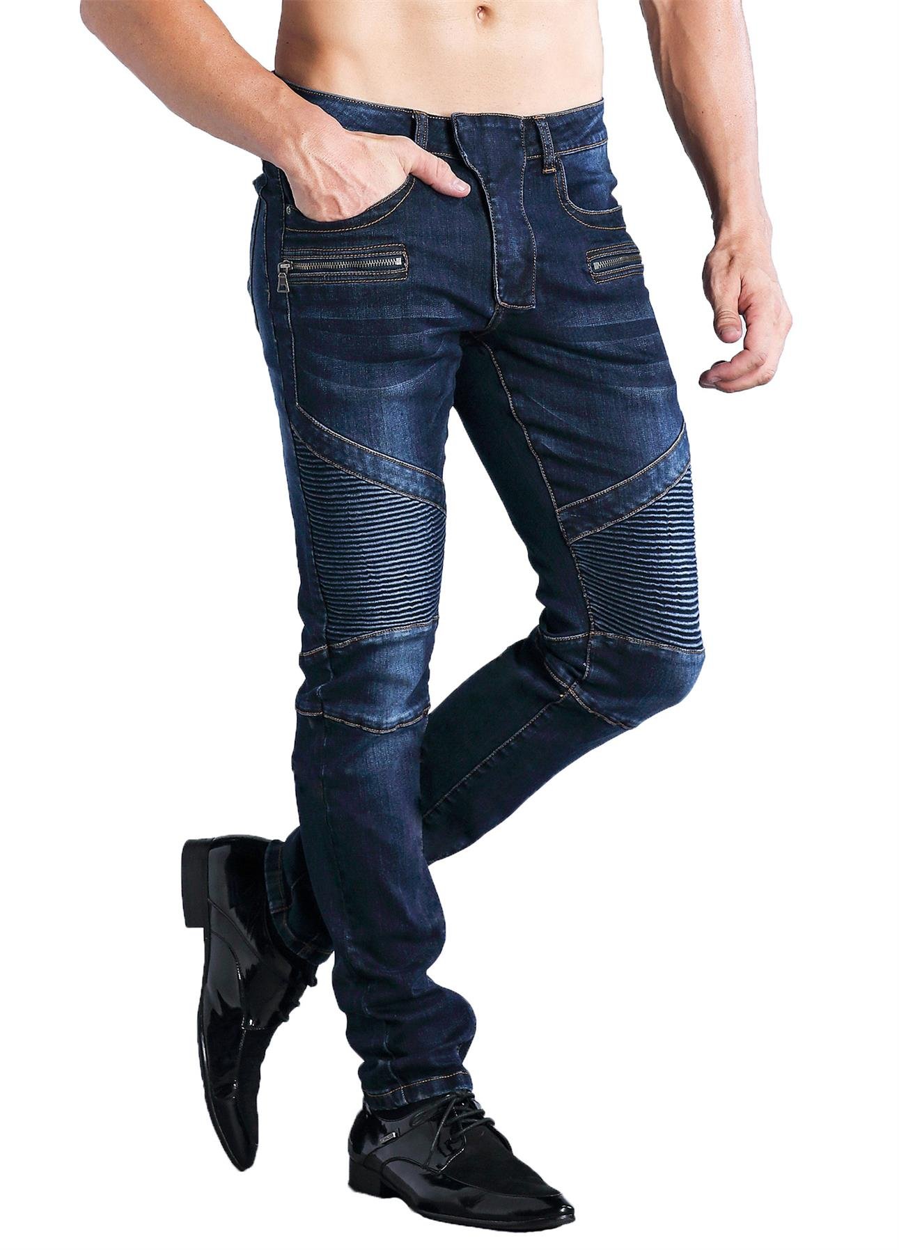 ZLZ Blue Biker Jeans for Men Slim Fit, Men's Comfy Stretch Ripped Distressed Biker Jeans Pants Rock, Designer Jeans, Size 34