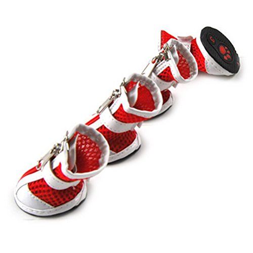 ZUNEA Small Dog Shoes for Hot Pavement Summer Breathable Mesh Boots Adjustable Non Slip Zipper Pet Dogs Booties White PU Paw Protector Red 4#