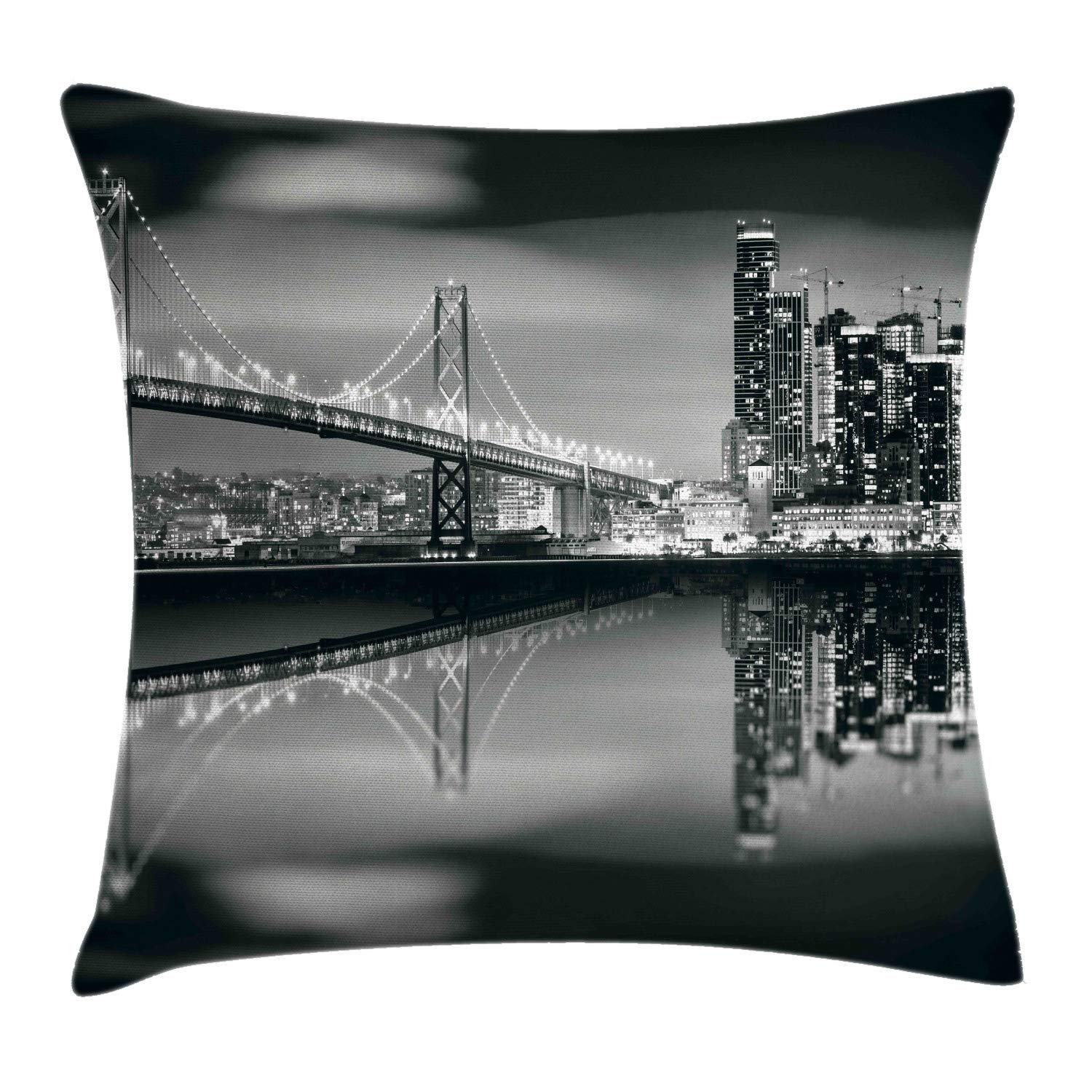 Ambesonne Black and White Throw Pillow Cushion Cover, San Francisco Bay Bridge Metropolis Panorama View with Skyscrapers Print, Decorative Square Accent Pillow Case, 18" X 18", Green