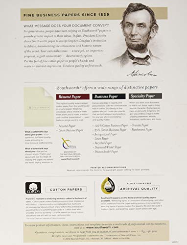 100% Cotton Resume Paper, 32lb, 95 Bright, 8 1/2 x 11, White, 100 Sheets