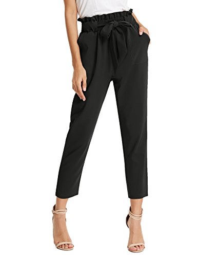 GRACE KARIN Women's High Waist Elastic Belted Casual Loose Long Pants with Pocket Black XXL