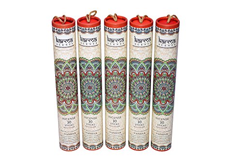 Karma Scents Premium Vanilla Incense Sticks, 5 Set Gift Pack with a Free Holder in Each Box. Includes 150 Sticks and Five Incense Burners | Perfect for Home Decor and Gifts.