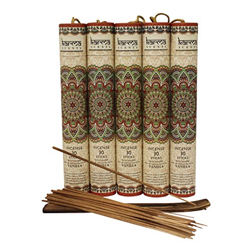 Karma Scents Premium Vanilla Incense Sticks, 5 Set Gift Pack with a Free Holder in Each Box. Includes 150 Sticks and Five Incense Burners | Perfect for Home Decor and Gifts.