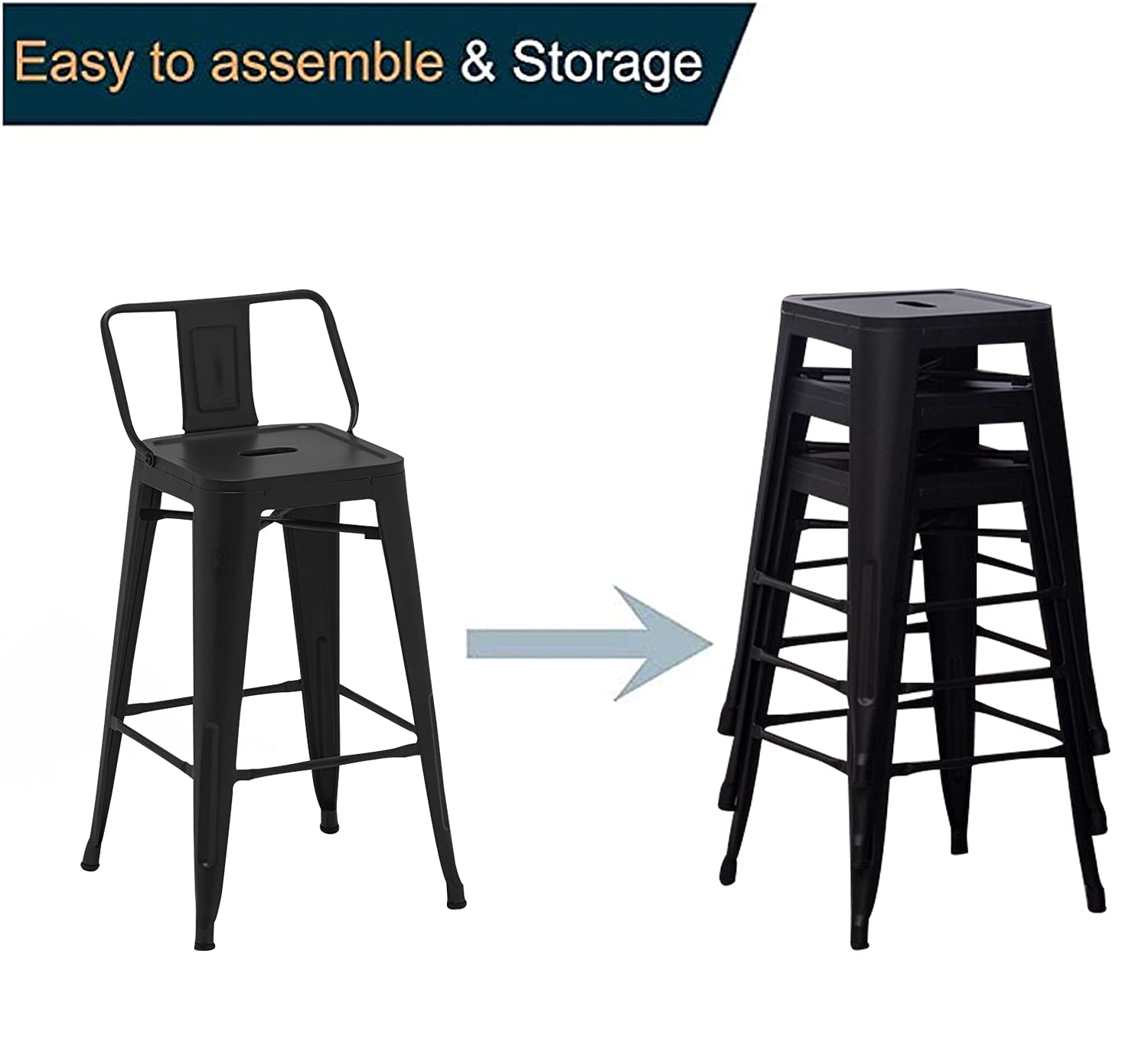 Andeworld Metal Bar Stools Counter Height Stool Industrial Kitchen Barstools Set of 4 (26 Inch, Black)
