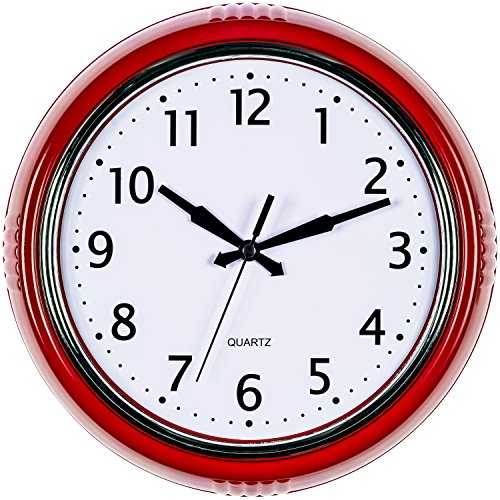 Bernhard Products Retro Wall Clock 9.5 Inch Red Kitchen 50's Vintage Design Round Silent Non Ticking Battery Operated Quality Quartz Clock