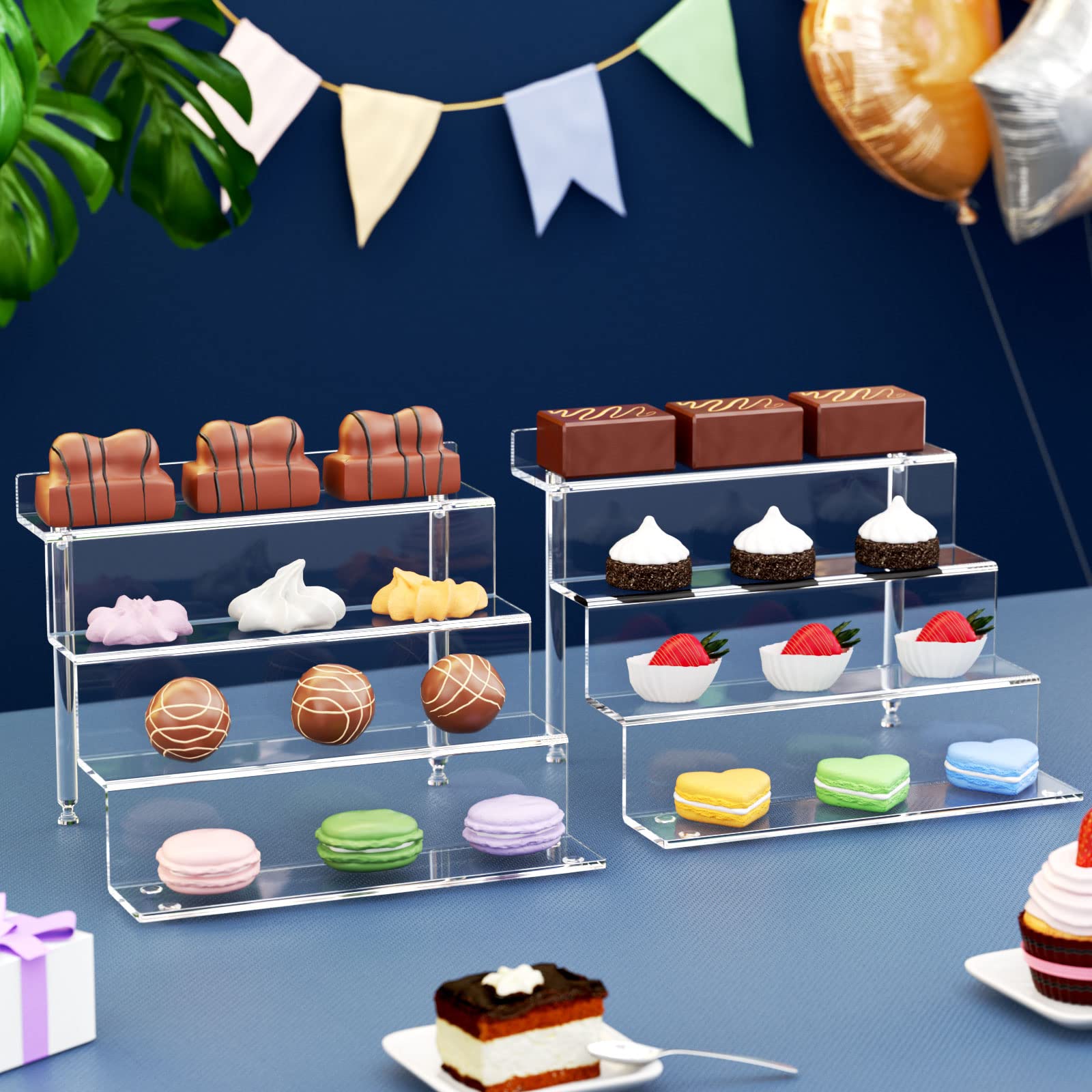 NIUBEE Acrylic Riser Display Shelf, Clear Display Stand for Amiibo Funko POP Figures,4 Tier Cupcakes Stand Perfume Organizer and Storage (9 Inch Small)