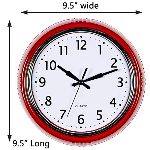 Bernhard Products Retro Wall Clock 9.5 Inch Red Kitchen 50's Vintage Design Round Silent Non Ticking Battery Operated Quality Quartz Clock