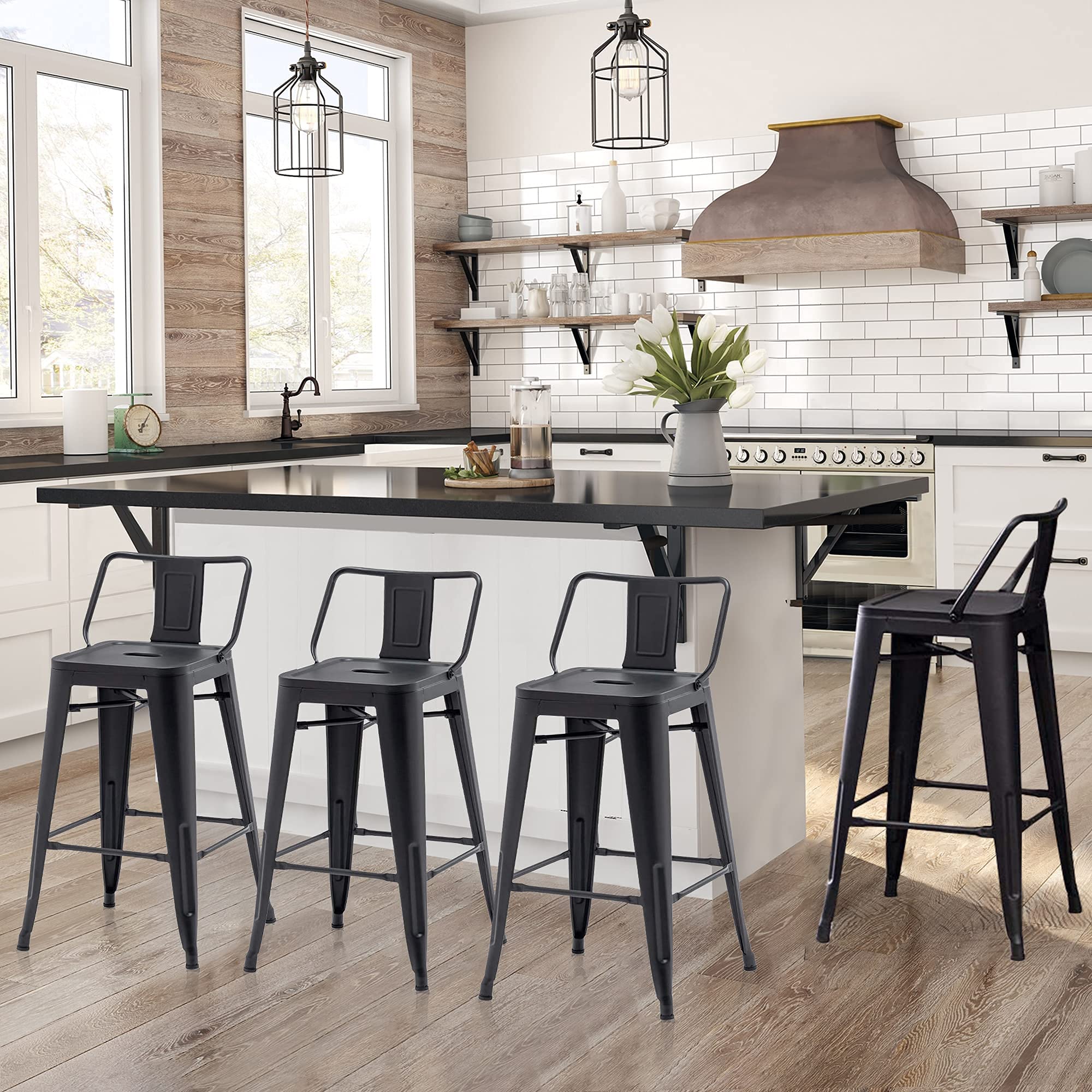 Andeworld Metal Bar Stools Counter Height Stool Industrial Kitchen Barstools Set of 4 (26 Inch, Black)