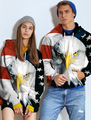 RAISEVERN Men and Women Novelty Fleece Hoodies Flag Printed 80s Pullover Athletic Sweaters Long Sleeve Fleece Hooded Sweatshirts Red White
