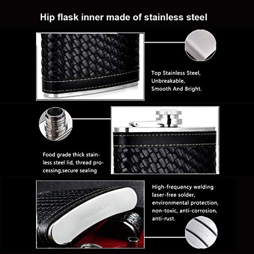 GENNISSY 9OZ Black Hip Flask Set - Woven PU Leather and Stainless Steel With Funnel and 4 Cups…