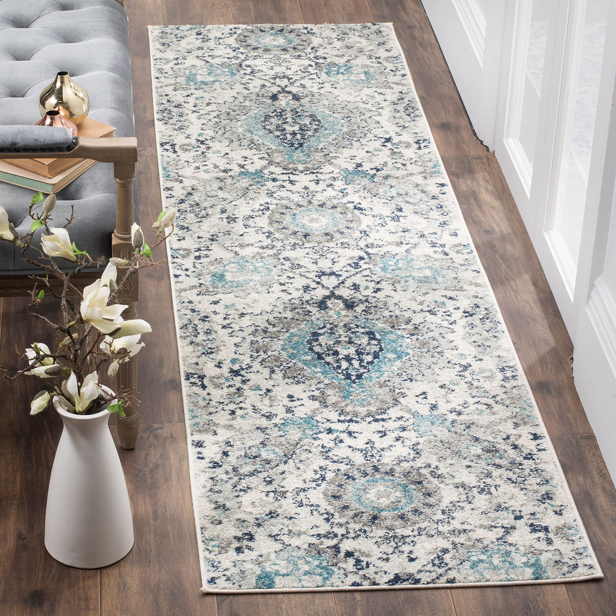 SAFAVIEH Madison Collection Runner Rug - 2'3" x 12', Cream & Light Grey, Boho Chic Glam Paisley Design, Non-Shedding & Easy Care, Ideal for High Traffic Areas in Living Room, Bedroom (MAD600C)