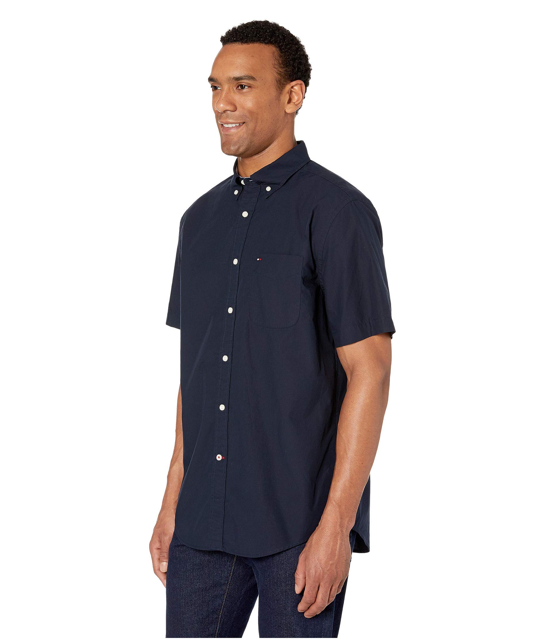 Tommy Hilfiger mens Short Sleeve in Classic Fit Button Down Shirt, Navy Blazer, Small US