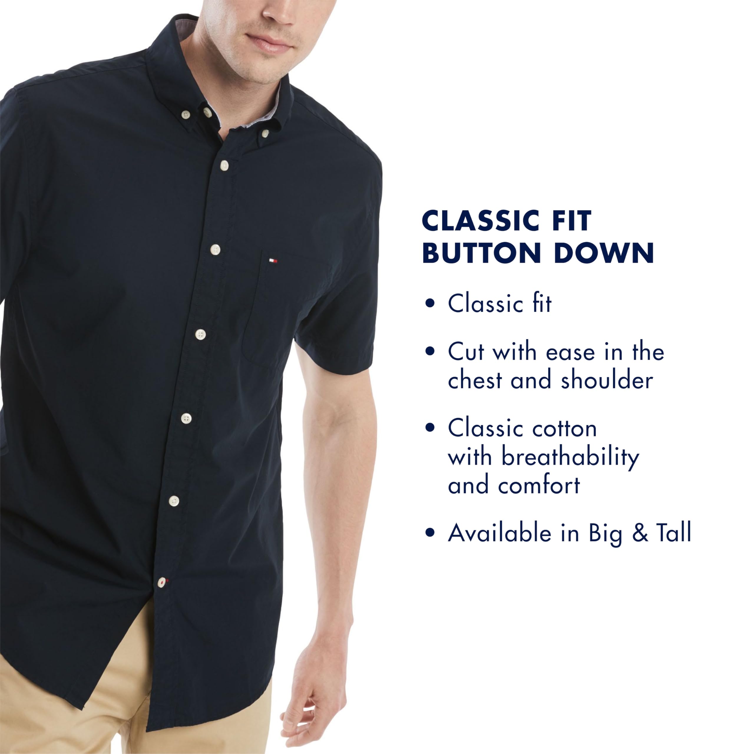 Tommy Hilfiger mens Short Sleeve in Classic Fit Button Down Shirt, Navy Blazer, Small US