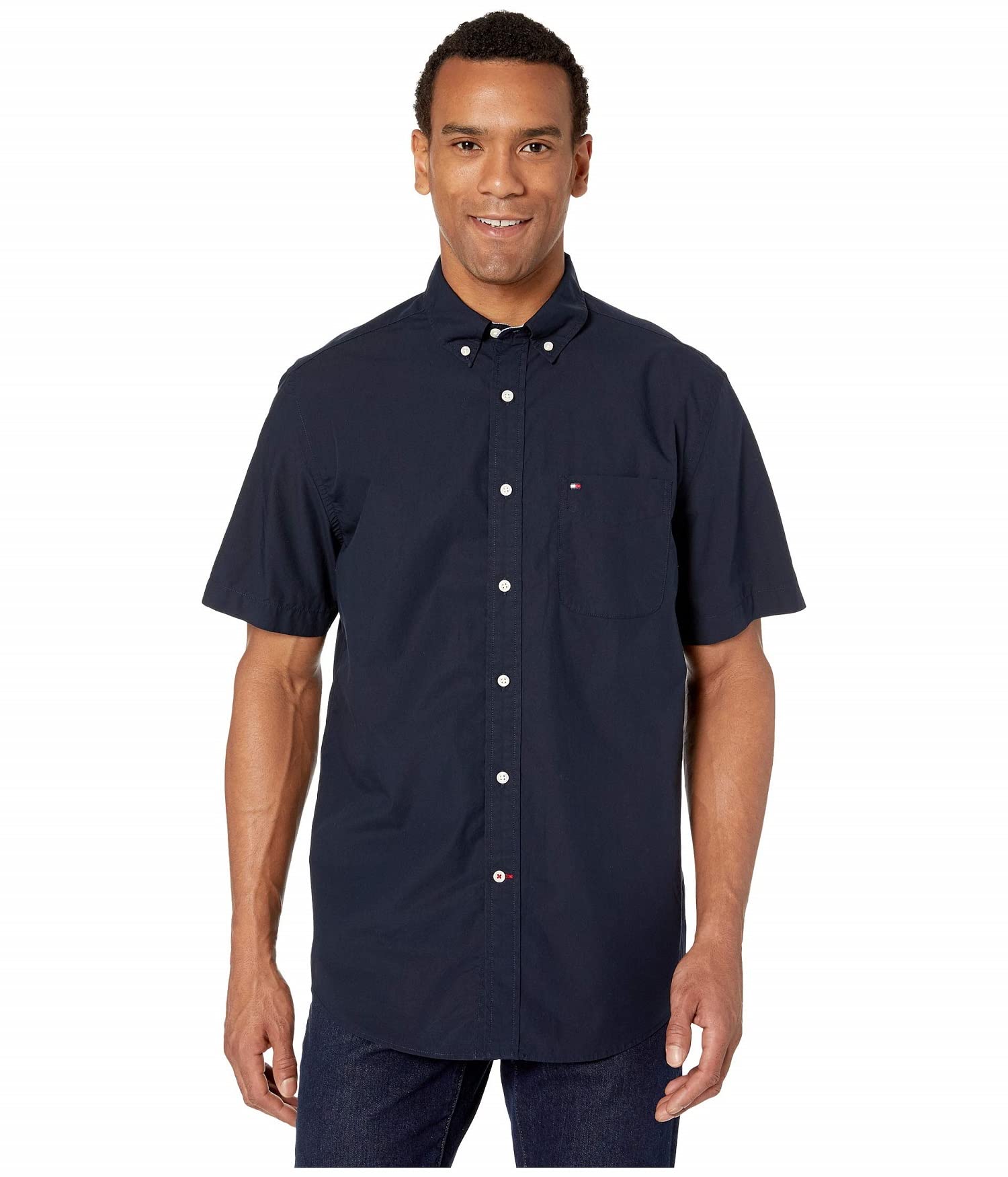 Tommy Hilfiger mens Short Sleeve in Classic Fit Button Down Shirt, Navy Blazer, Small US