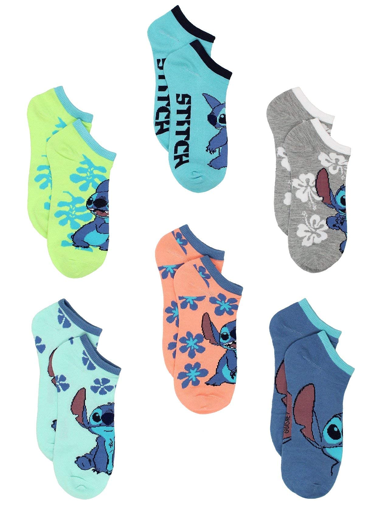 Disney Lilo & Stitch Womens 6 pack Socks (Large (9-11), Stitch Blue)