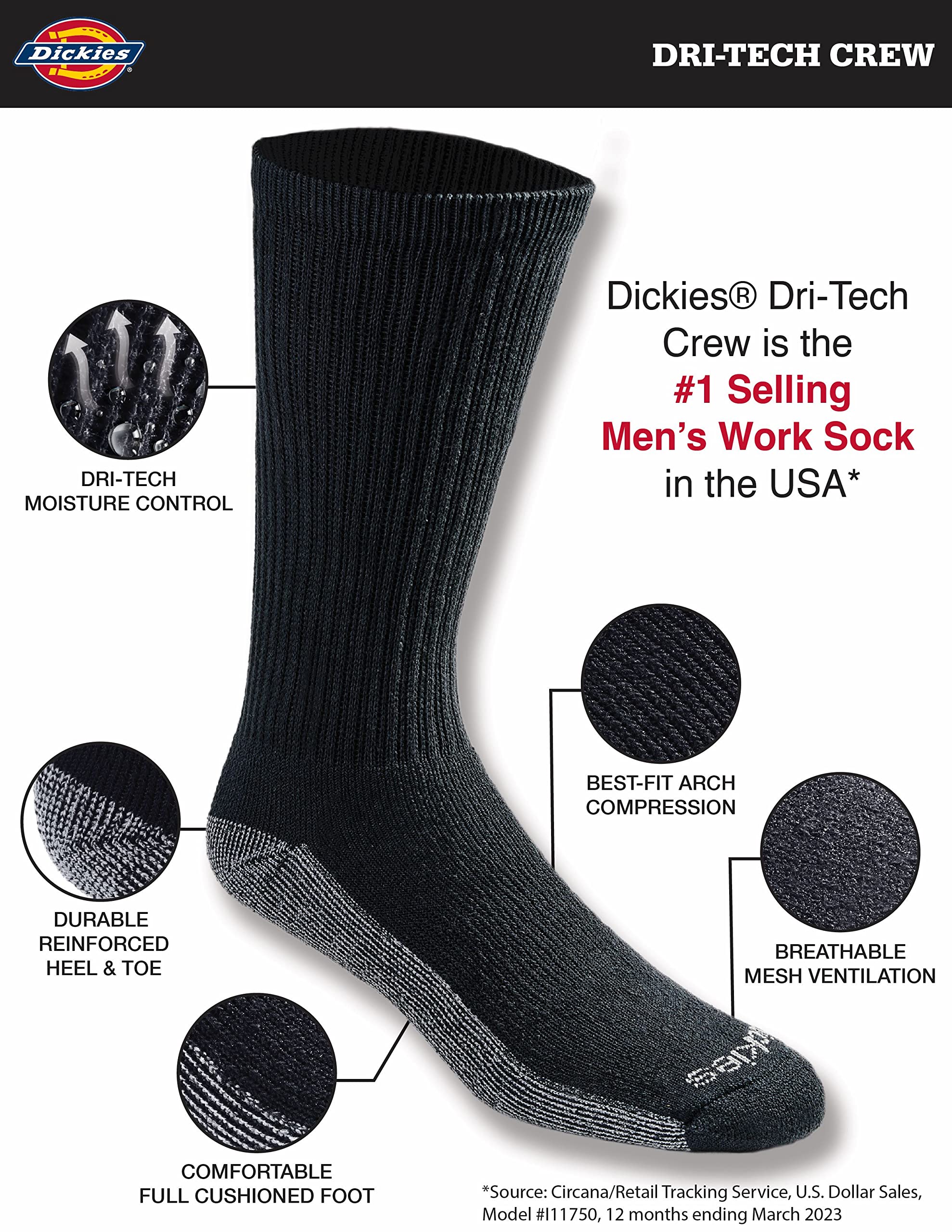 Dickies Men's Dri-Tech Original Moisture Control Crew Socks, Available in M-XXL (6, 12, 18, Black (6 Pairs), Medium