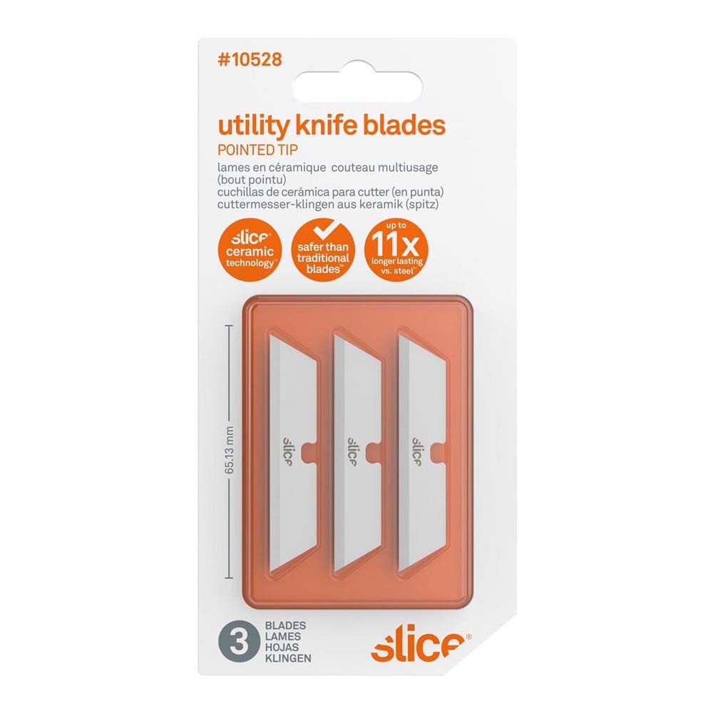 Slice 10528 Ceramic Utility Knife Blade, Pointed Tip, 65 mm Length, 12 mm Height, 1.3 mm Width, Zirconia (Pack of 6)