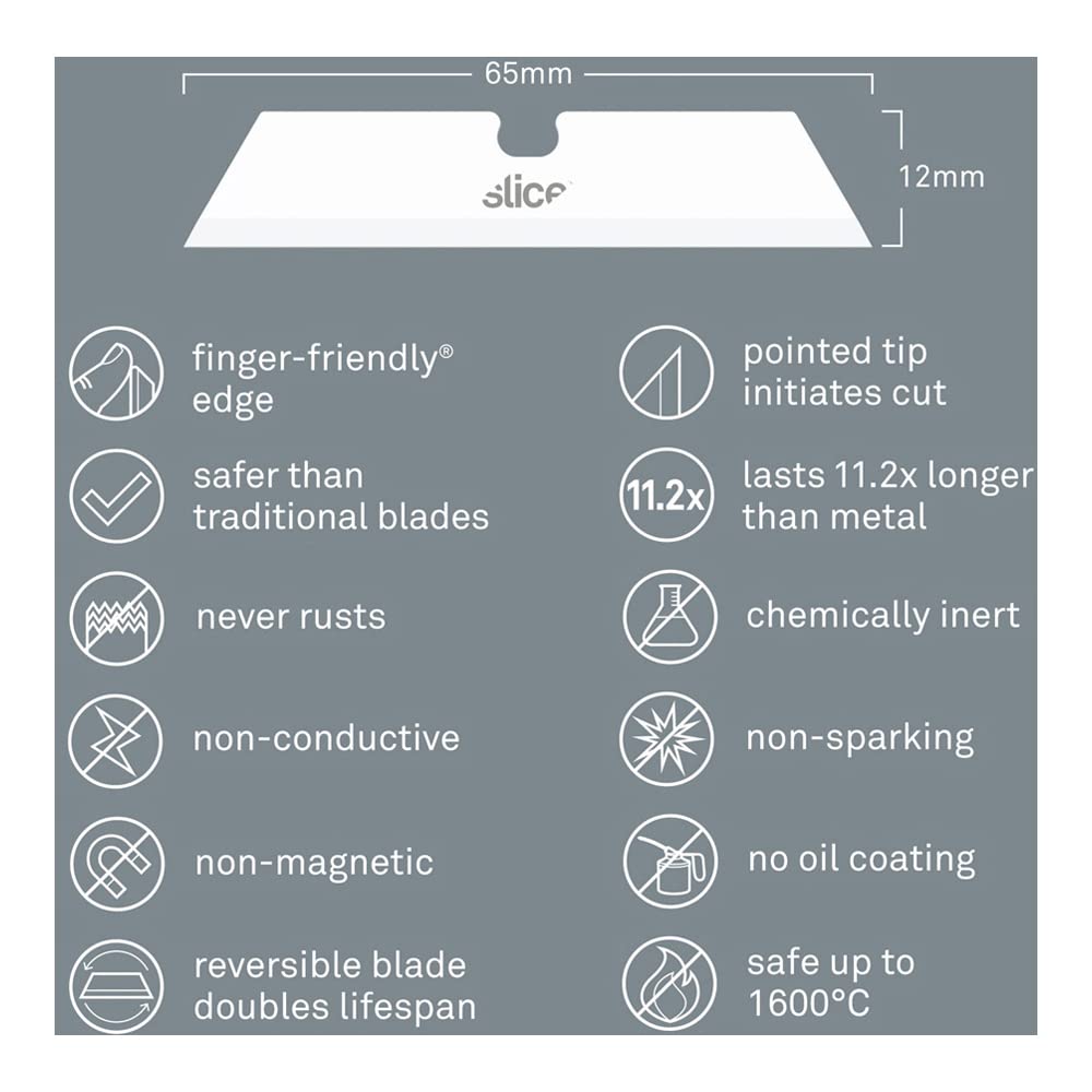 Slice 10528 Ceramic Utility Knife Blade, Pointed Tip, 65 mm Length, 12 mm Height, 1.3 mm Width, Zirconia (Pack of 6)