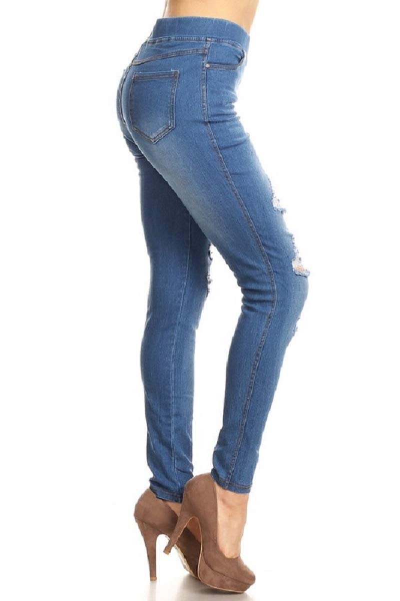 Women's Stretch Pull-On Skinny Ripped Distressed Denim Jeggings Blue-55 Large