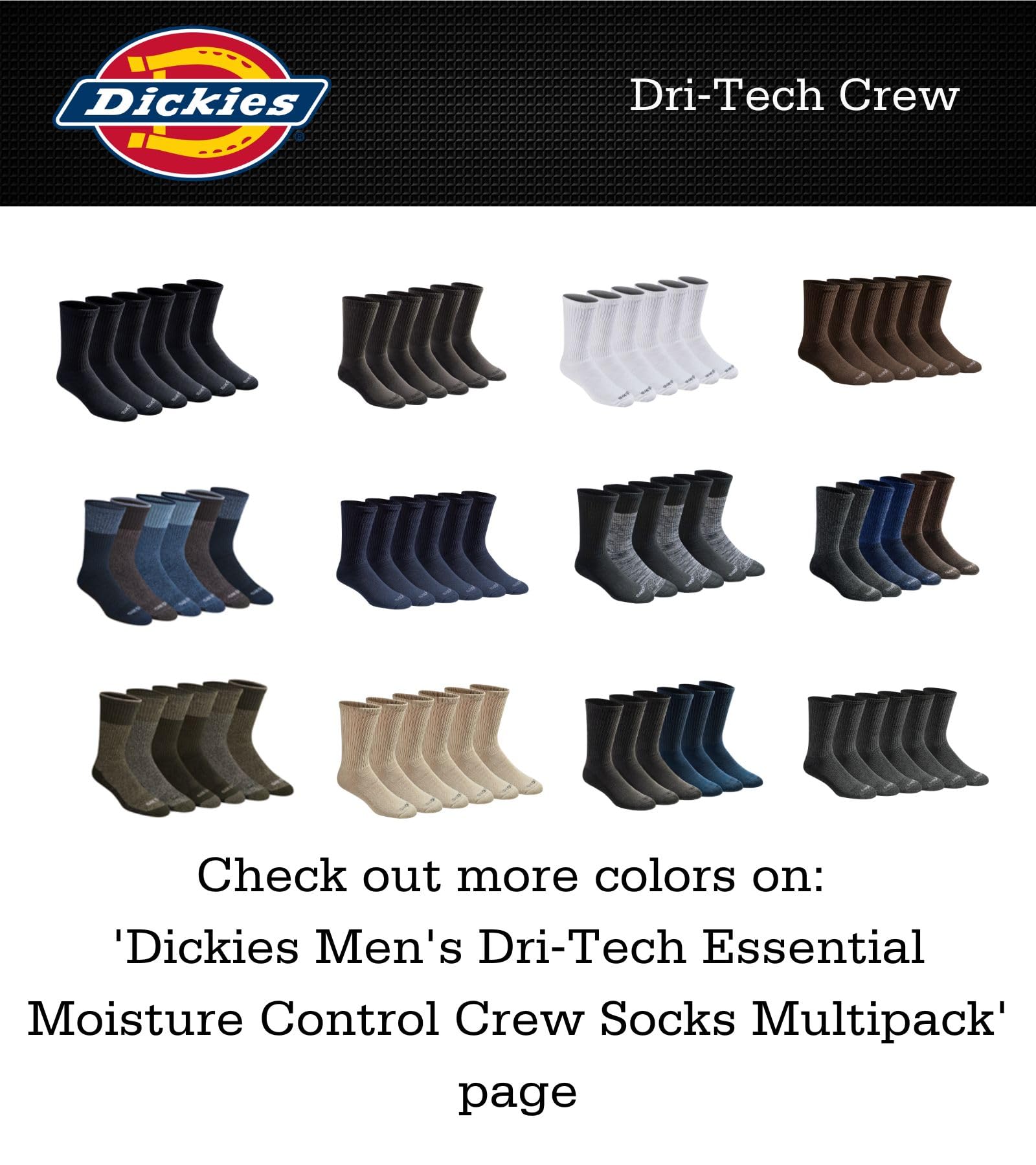 Dickies Men's Dri-Tech Original Moisture Control Crew Socks, Available in M-XXL (6, 12, 18, Black (6 Pairs), Medium